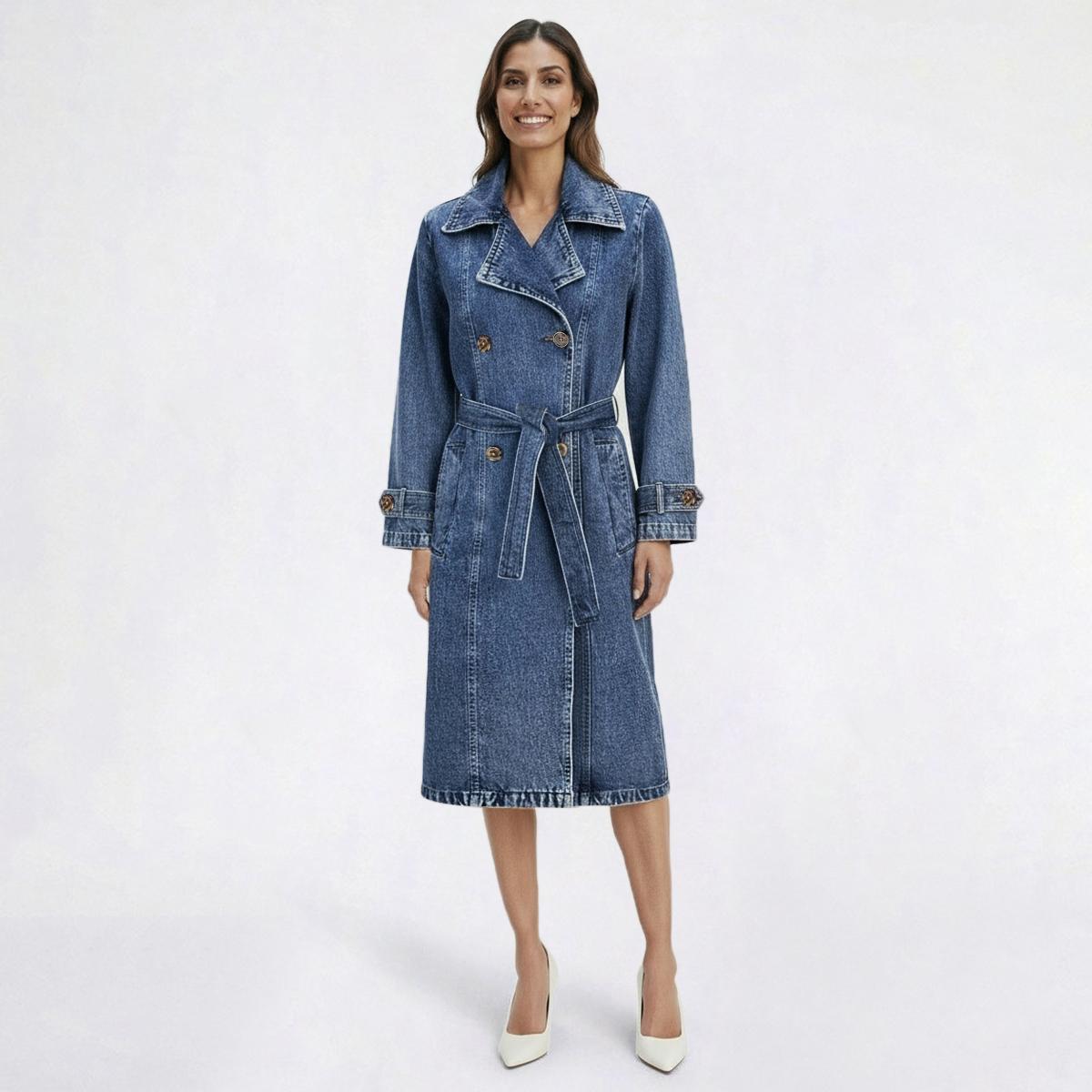 Click here for Womens Me Jane Long Denim Trench Coat with Belt prices
